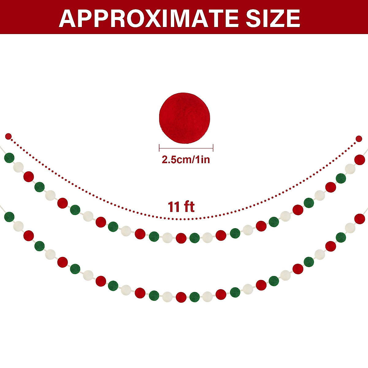 60 Balls Christmas Felt Ball Garlands - Christmas Decorations - Christmas Pom Pom Garlands for Christmas Tree- Xmas Holiday Indoor Outdoor Home Office Hanging Decor - Xmas Decorations- 25mm