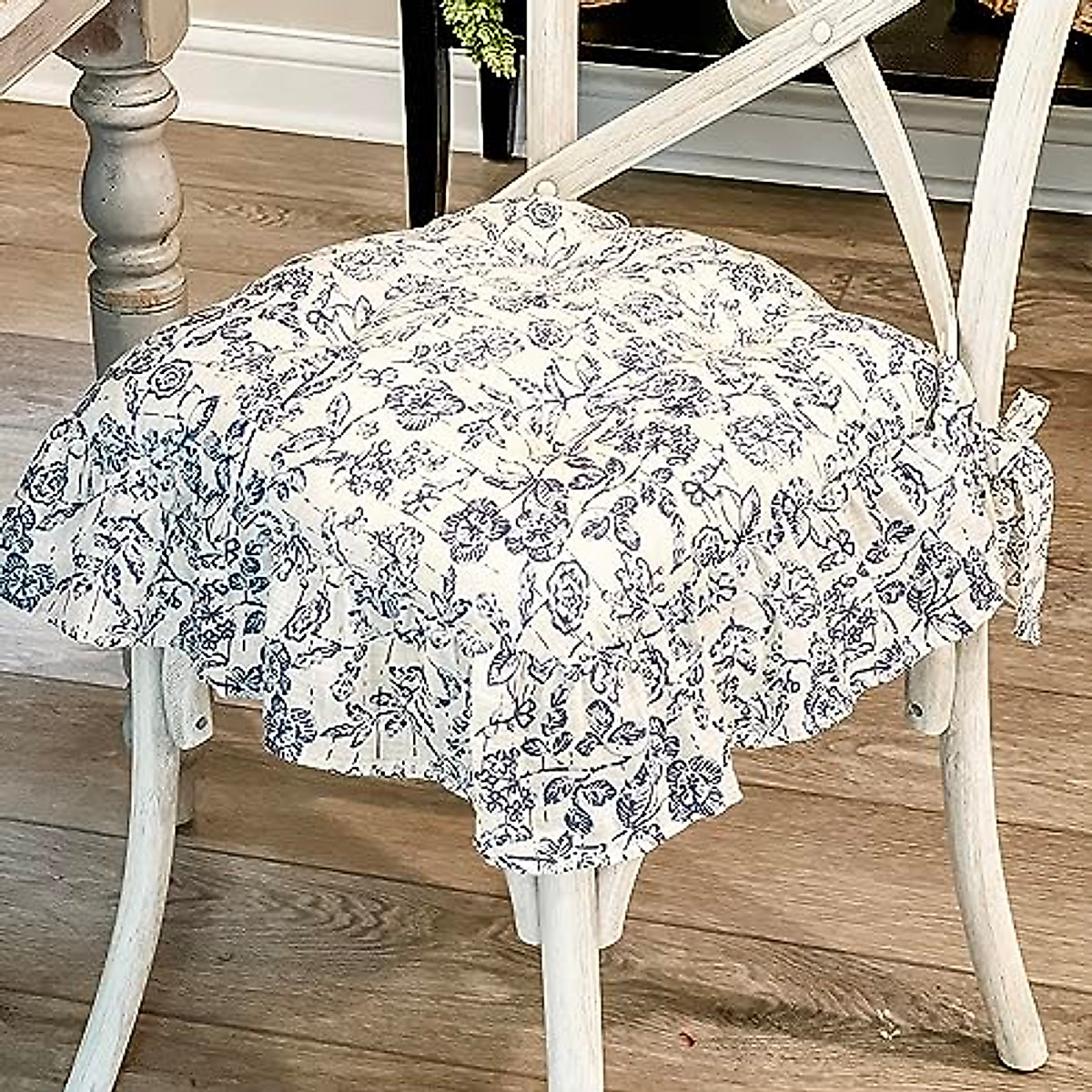 Piper Classics Doylestown Floral Ruffled Chair Pad 16" x 16", Blue & Cream Flower Print, Vintage Farmhouse, Country Cottage Chair Cushion