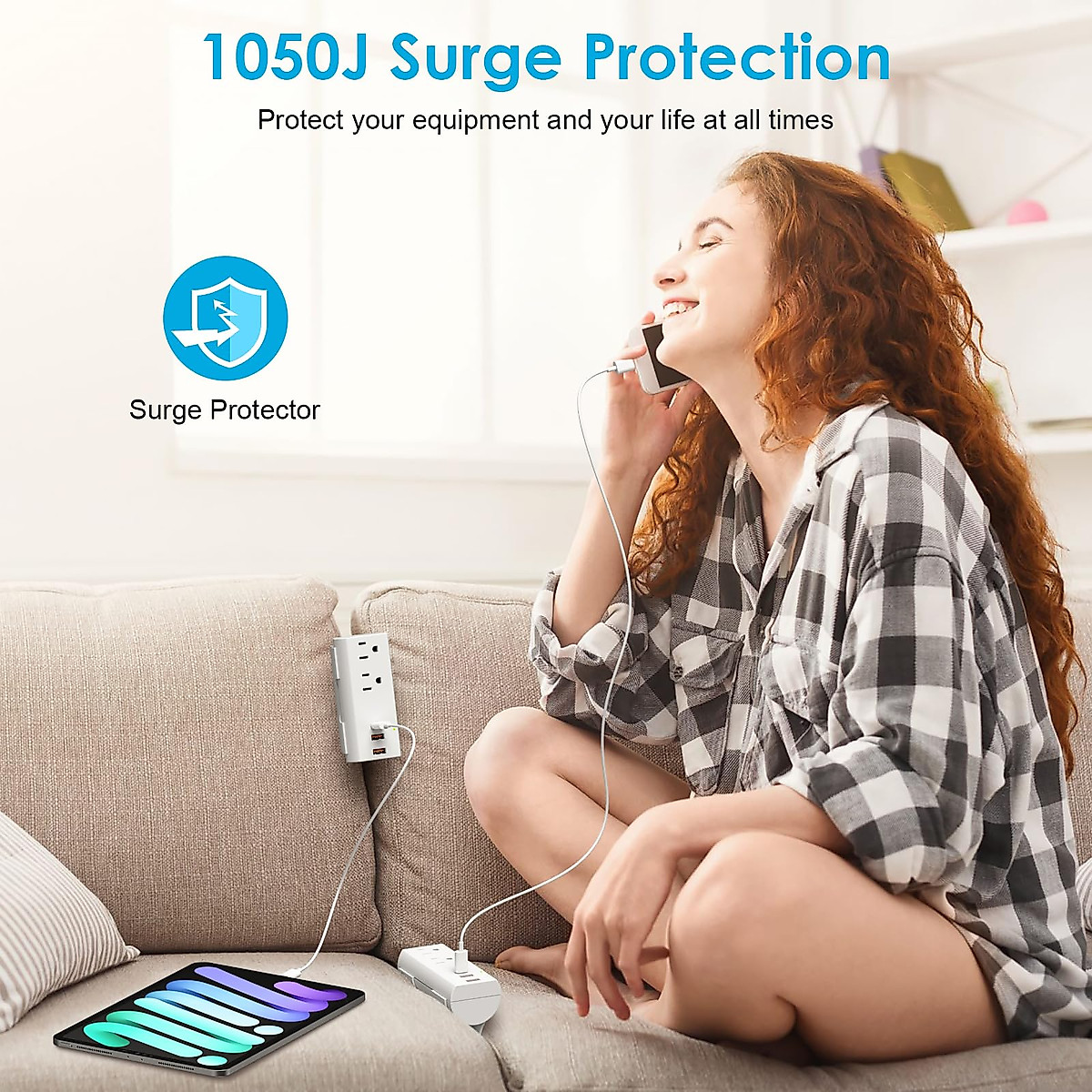 Hidden Sofa Socket, Couch Charging Station Plug in 2AC Outlets PD20W USB-C, QC3.018W USB-A,Furniture Outlet 1050J Surge Protector, Low Profile Extension Cord Flat Plug