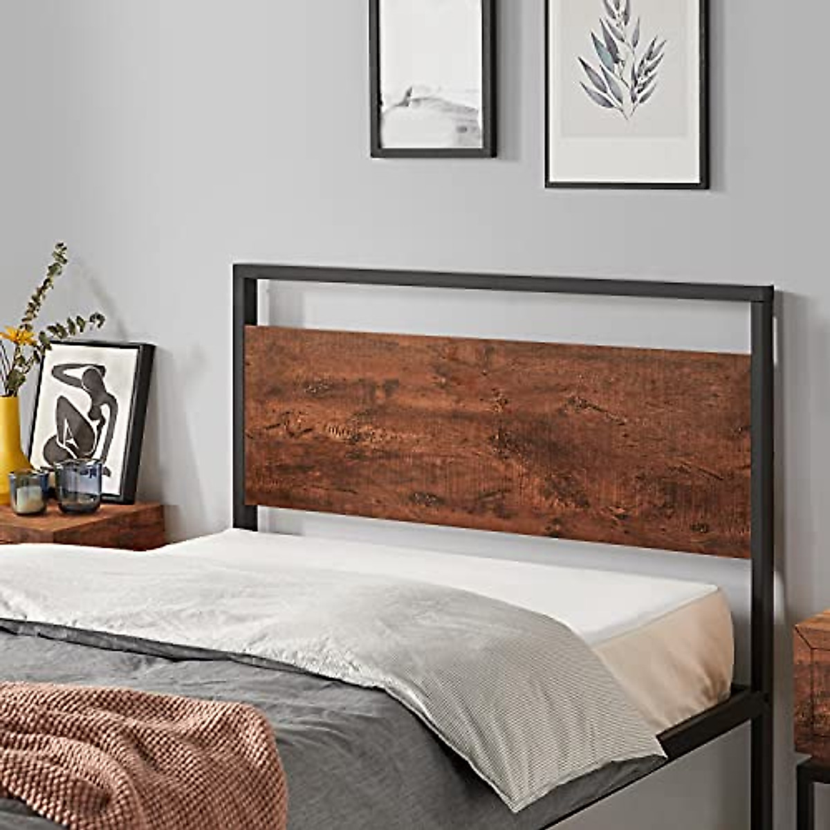 Yaheetech Twin Metal Platform Bed Frame with Rustic Wooden Headboard and Footboard, Single Country Bed for Boys& Girls, No Box Spring Needed/12 Inch Underbed Storage/No Noise/Easy Assembly, Mahogany