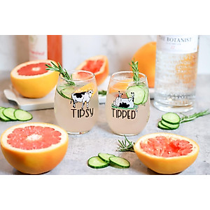 Drinking Divas 'Tipsy' and 'Tipped' Wine Glasses - Set of 2 Stemless Non-Rolling, Flat Bottom 15oz Tumblers with Sayings | Cute & Funny Cow Gifts for Mom, Girlfriend, Wife, Best Friend