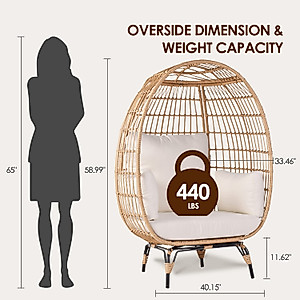 OTSUN Oversized Wicker Egg Chair: Outdoor Indoor Lounger with 4 Cushions, 440lb Capacity, Egg Basket Chair for Living Room, Backyard, Balcony, Patio, Beige