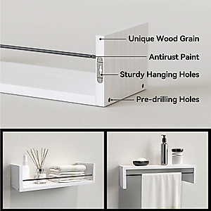 RICHER HOUSE Floating Shelves, Wall Shelves Above Toilet Wall Storage, Wall Mounted Bathroom Shelves with Towel Bar, Shelves for Bedroom, Kitchen, Vanity Shelves Room Decor Wall Cabinet - White