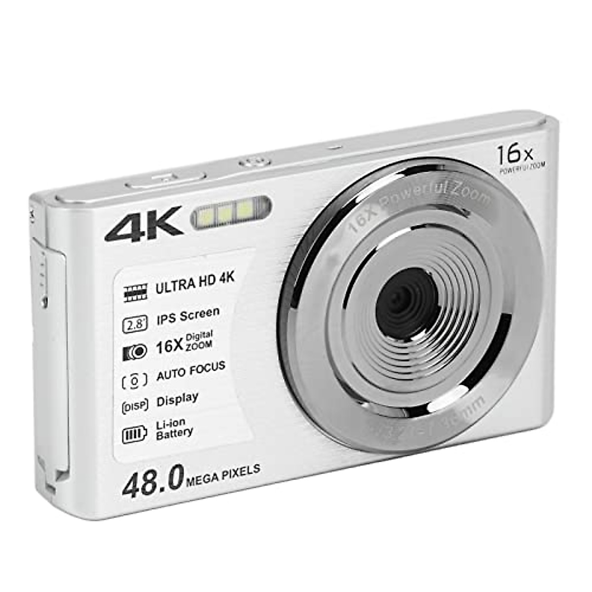 4K Digital Camera, Kids Selfie Camera 2.8 Inch Screen, 48MP Video Camera with 16X Digital Zoom for Teens Beginners, Image Stabilization, 256GB Expansion, Christmas Birthday Gifts (Silver)