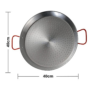 Gourmanity 16 inch Stainless Steel Flat Paella Pan, 40cm Large Stainless Steel Frying Pan Imported from Spain, Dishwasher and Oven Safe, Paellera with Gold Plated Handles, 9 Servings, Made by Garcima