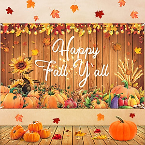 Happy Fall Party Decorations Banner, Happy Fall Y'all Banner Backdrop Thanksgiving Autumn Harvest Banner, Fall Maple Leaves Pumpkin Thanksgiving Day Autumn Party Banner for Home Outdoor Yard Decor