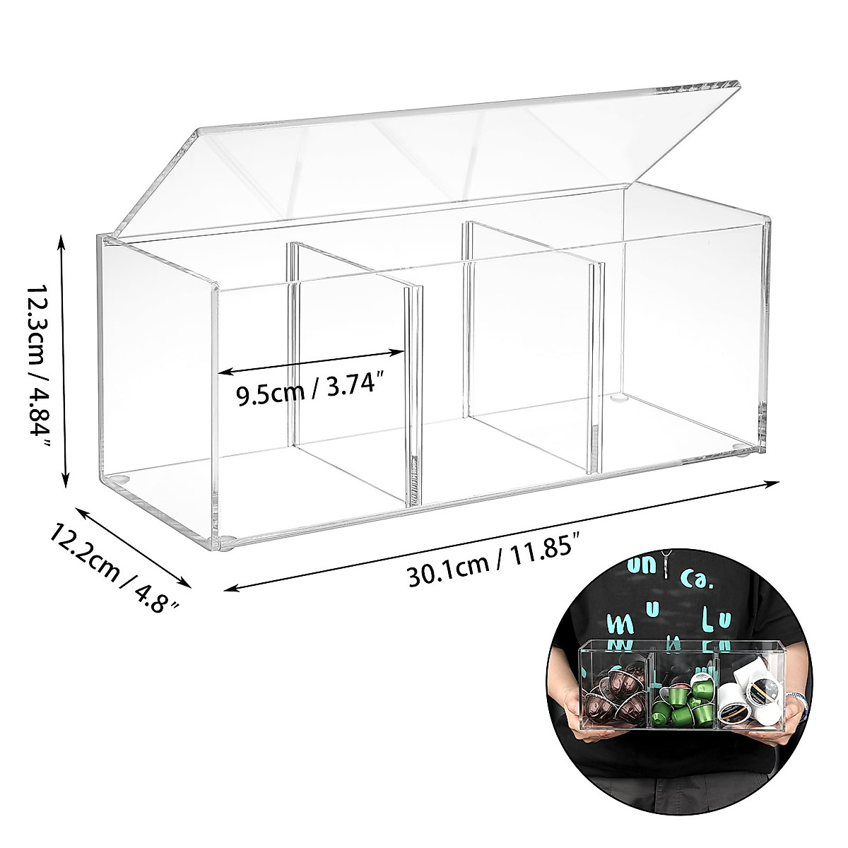ELLDOO Coffee Pod Holder with Lid, Acrylic Coffee Pod Organizer for K Cup Espresso, 3-Compartment Tea Bags Sugar Packets Coffee Capsule Storage Holder for Home Coffee Bar Office Counter