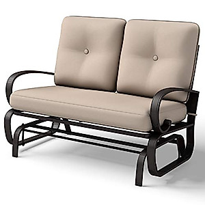 Giantex Outdoor Glider Bench, Patio 2 Person Loveseat with Removable Cushion, Thick Padded Seat, Stable Steel Frame, Outside Glider Swing Chair for Deck, Poolside, Yard, Balcony, Porch Glider(Beige)