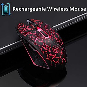 TENMOS K6 Wireless Gaming Mouse, Rechargeable Silent LED Optical Computer Mice with USB Receiver, 3 Adjustable DPI level and 6 Buttons, Auto Sleeping for Laptop/PC/Notebook (Red Light)