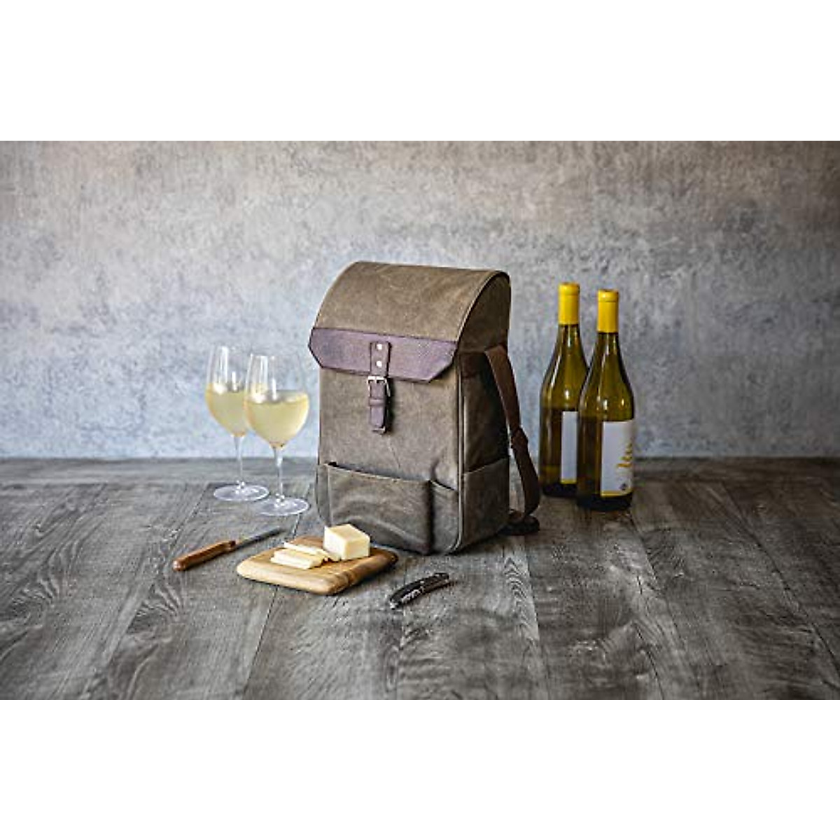 LEGACY - a Picnic Time Brand, 2 Bottle Insulated Wine Bag with Cheese Board and Knife Set - Wine Picnic Bag - Waxed Canvas Wine Tote, Khaki/Brown