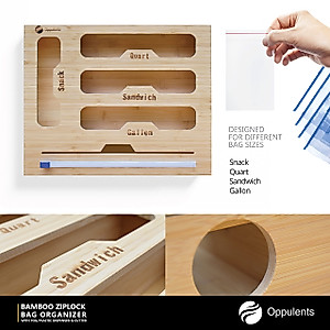 Oppulents Bamboo Ziplock Bag Storage Organizer for Kitchen Drawer with Foil/Plastic Dispenser and Cutter Suitable for Gallon, Quart, Sandwich & Snack Sizes Magnetic Closure Multipurpose Organizer