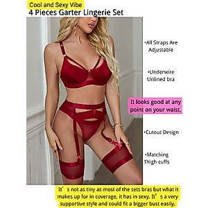 Kaei&Shi Garter Belt Thong Lingerie for Women,Strappy Hollow Out Sexy Lingerie,Underwire Mesh Sheer Matching 4 Piece Lingerie Set Valentine Day Burgundy Medium