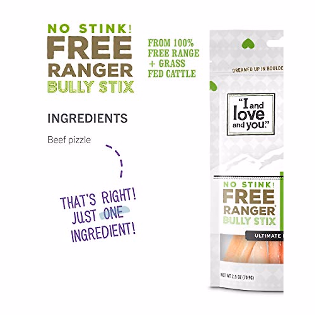 I and love and you Free Ranger No Stink! Natural Grain Free Bully Stix - Low Odor, 100% Beef Pizzle, 6-Inch, Pack of 5