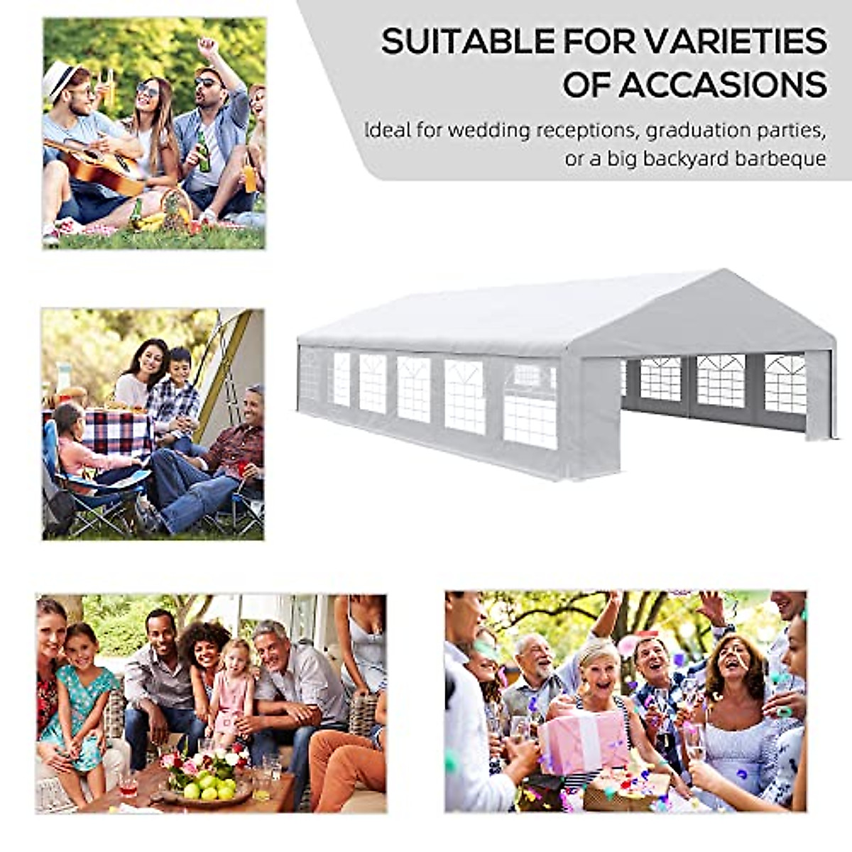 Outsunny 23' x 39' Party Tent & Carport, Large Outdoor Canopy Tent with Removable Sidewalls, 2 Doors and Windows, White Tents for Parties, Wedding, Events, BBQ Grill