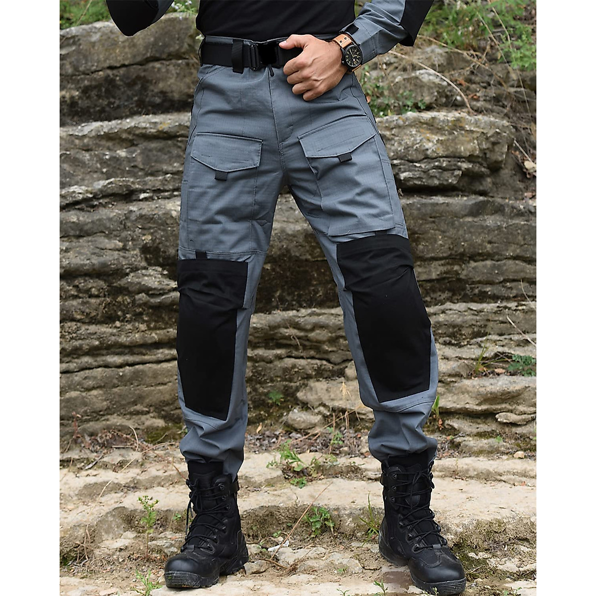 HAN·WILD Men's Tactical Suit Combat Pants and Shirts with Hood Military Uniform Airsoft Clothing with Knee Pads（GRAY）