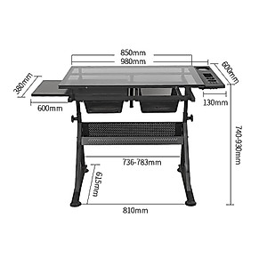 EESHHA Drawing Table Drafting Desk, Adjustable Glass Drafting Table,Versatile Art Study Table,with Storage Drawers,Art Studio Design Sketching Painting Work Station