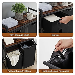 GNIXUU Double Laundry Hamper with Top Shelf and Storage Drawer, 2 Section Laundry Basket with 2 Removable Laundry Sorter Bags, Large Clothes Hamper for Laundry Room, Bathroom(Black and Brown)