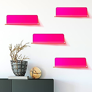 Floating Wall Shelves 9 Inch Acrylic Small Wall Shelf Hanging Shelves Adhesive Shelf Screwless Display Shelf with Cable Clips and Stickers for Bathroom, Bedroom, Office (Fluorescent Pink, 4 Pcs)