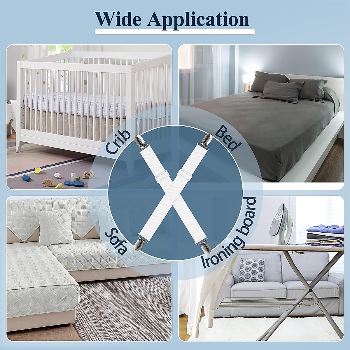 Bed Sheet Fasteners, Sopito 4pcs Adjustable Sheet Straps Heavy Duty Bed Sheet Grippers Suspenders for Mattresses Fitted Sheets Flat Sheets, White