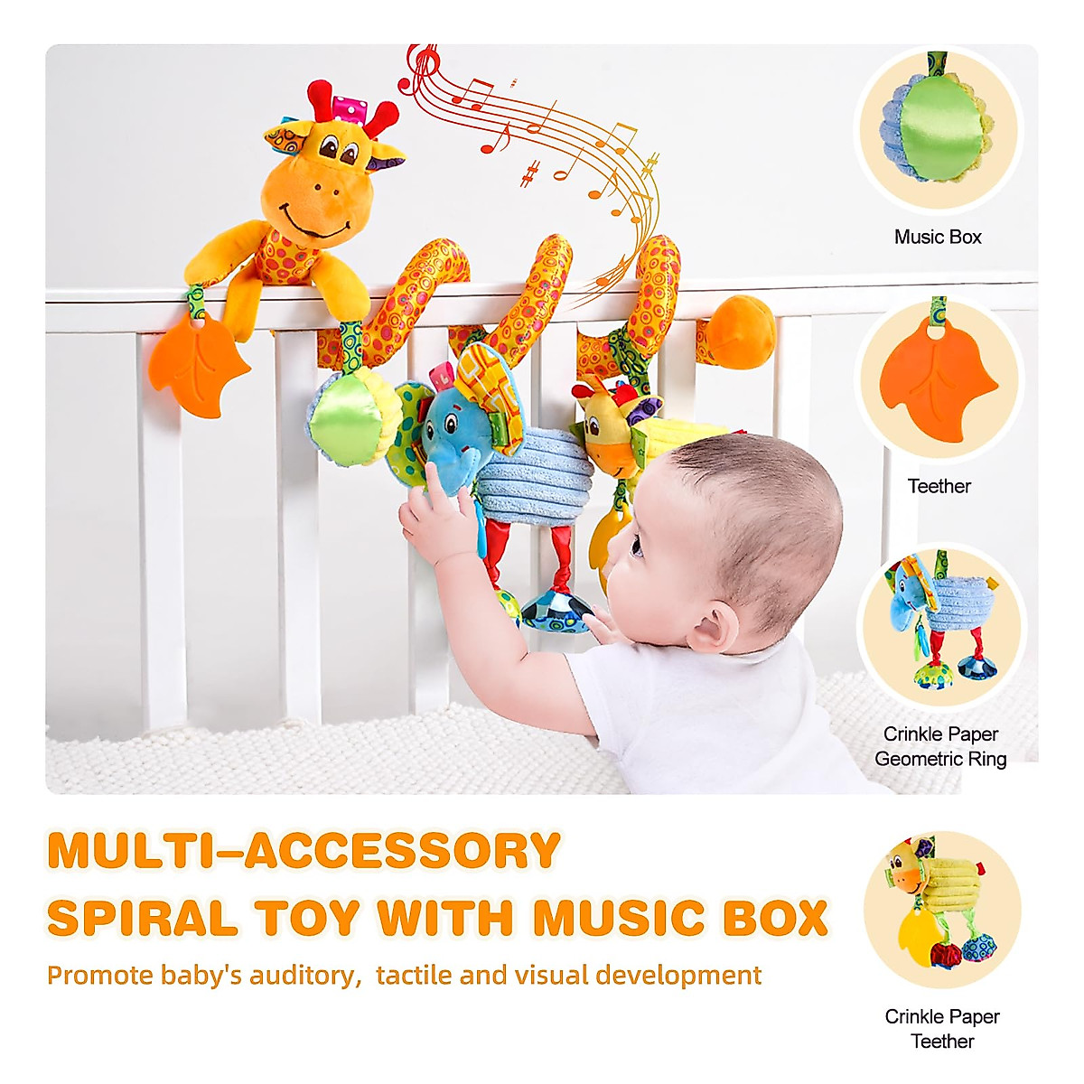 Jollybaby Baby Car Seat Stroller Crib Toys, Plush Hanging Spiral Activity Pram Crib Toy with Music Box, Rattles, Squeaker for Babies Infant Boys Girls Gifts (Giraffe)