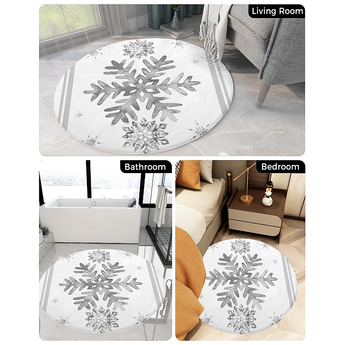 Grey Snowflake Fluffy Round Area Rug Carpets 5ft, Plush Shaggy Carpet Soft Circular Rugs, Non-Slip Fuzzy Accent Floor Mat for Living Room Bedroom Nursery Home Decor Winter Christmas Stripes Holiday