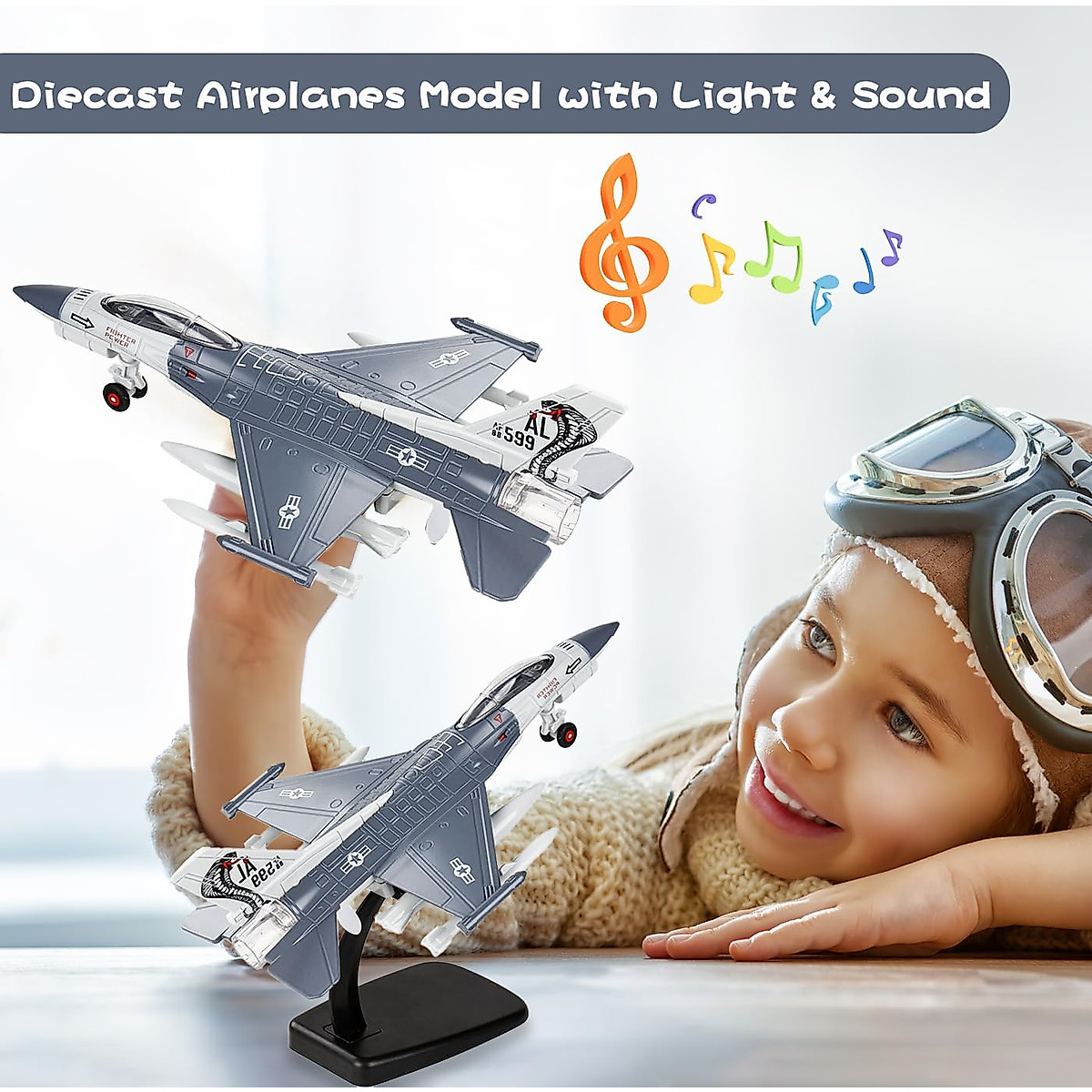 Lynkaye F-16 Fighting Falcon Thunderbirds Toy Army Air Force Military Airplane Model Kit with Fun Lights and Sounds (Bright White)