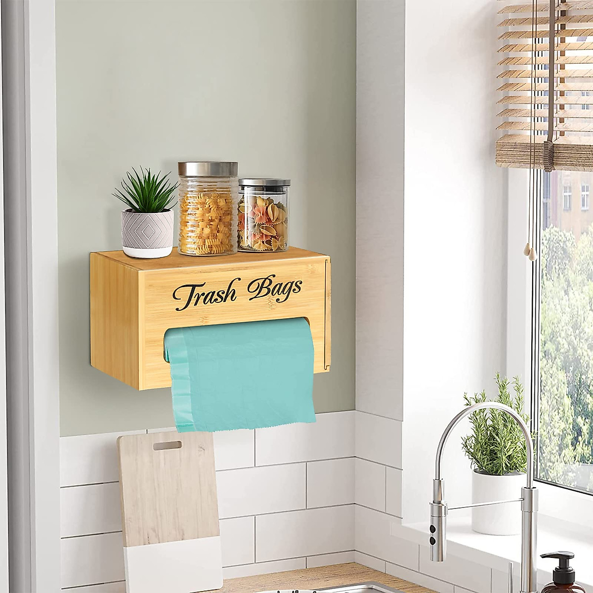Trash Bag Holder for Kitchen Organizers and Storage, Bamboo Farmhouse Plastic Bag Holder Wall Mounted, Trash Bag Dispenser for Kitchen Countertop, Cabinet, Under Sink, Laundry Room Organization