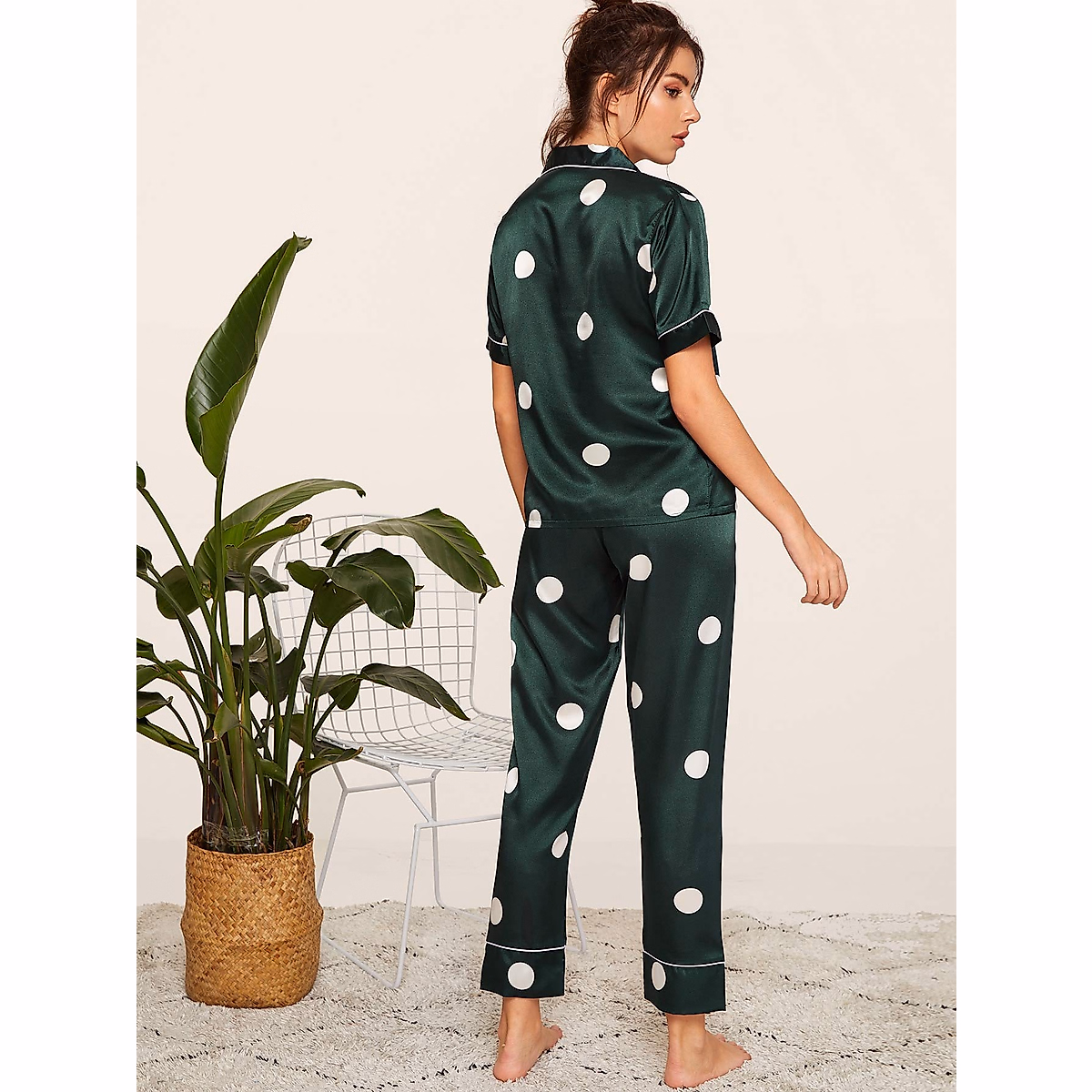 Floerns Women's Printed Two Piece Short Sleeve Sleepwear Long Pants Pajamas Sets Green Dot M