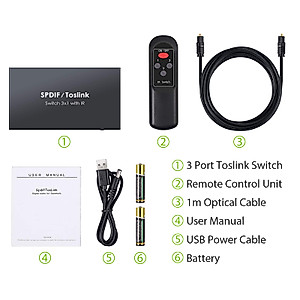 LiNKFOR Digital Toslink Optical 3x1 Switch with 3ft Optical Cable and IR Remote Control Aluminum Alloy Digital Audio SPDIF Toslink Optical Fiber Switcher 3 in 1 Out for PS3 Xbox Blue-Ray DVD HDTV
