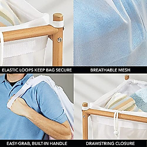 mDesign Laundry Hamper Organizer/Sorter with Metal Stand and 2 Removable Large Mesh Bags - Portable - Double Hamper Design - White/Natural