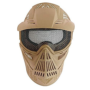 SHENKEL Mask-014tan Full Face Shooting Mask Mesh Goggles with Visor & Neck Guard, Tan