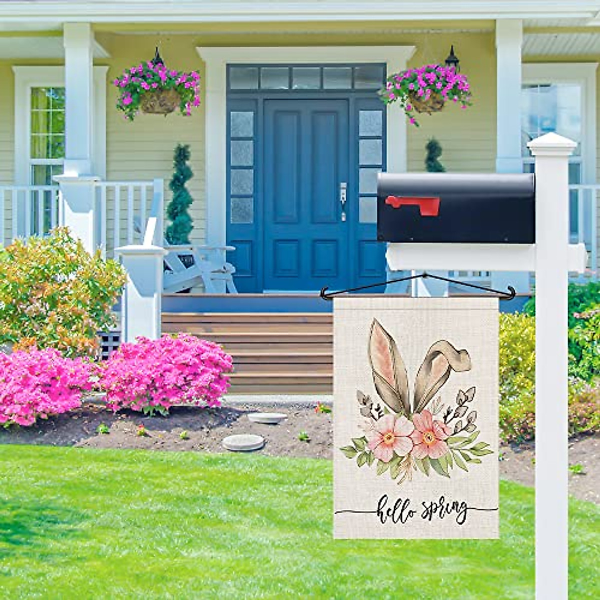 Hello Spring Bunny Floral Garden Flag 12×18 Inch Burlap Double Sided Outside, Seasonal Sign Yard Outdoor Decoration DF249