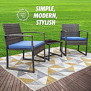 Pyramid Home Decor Black Wicker Furniture - 3 Piece Bistro Set for Outdoor Conversation - 2 Cushioned Rattan Chairs with Glass Coffee Table for Patio, Lawn, Porch, Lounge, Deck, Balcony & Living Room