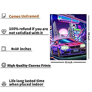 Tokyo Street Racing Wall Art Prints, Japanese Wall Art Modern Urban Neon Posters, Tokyo Skyline Mount Fuji Car Canvas Art Painting for Living Room Boys Room Wall Decor, Set of 6 - (8"x10" Unframed)