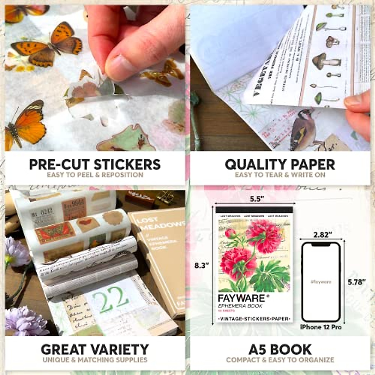FAYWARE Vintage Washi Stickers for Journaling - Ephemera Sticker Book for Journaling with 414 Vintage Stickers & 20 Scrapbook Papers. Junk Journal Supplies, Scrapbooking Supplies for DIY Paper Crafts