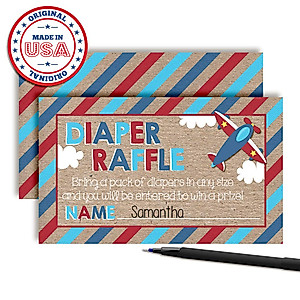Flying By Airplane Themed Diaper Raffle Tickets for Boy Baby Showers, 20 2" X 3” Double Sided Insert Cards for Games by AmandaCreation, Bring a Pack of Diapers to Win Favors & Prizes!