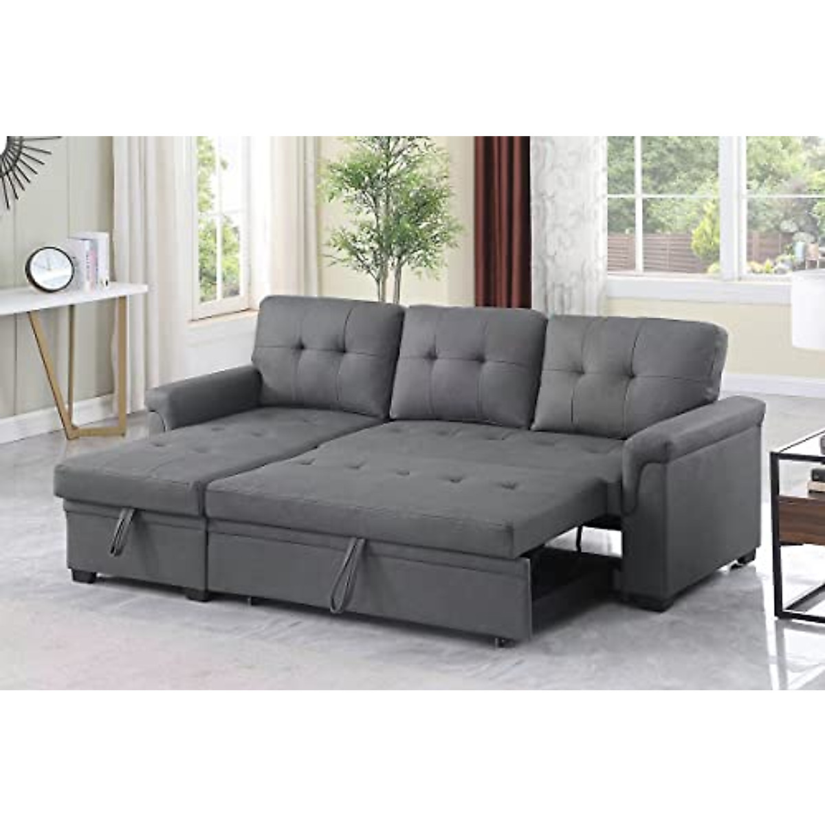 Lilola Home Lucca Performance Artificial Leather L-Shaped Pull-Out Sleeper Sofa Sectional with Reversible Storage Chaise and Solid Wood Frame, Gray