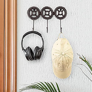 MyGift Brown Cast Iron Metal Wall Coat Hook with Steampunk Gear Design, Wall Mounted Key Rack with 3 Hooks