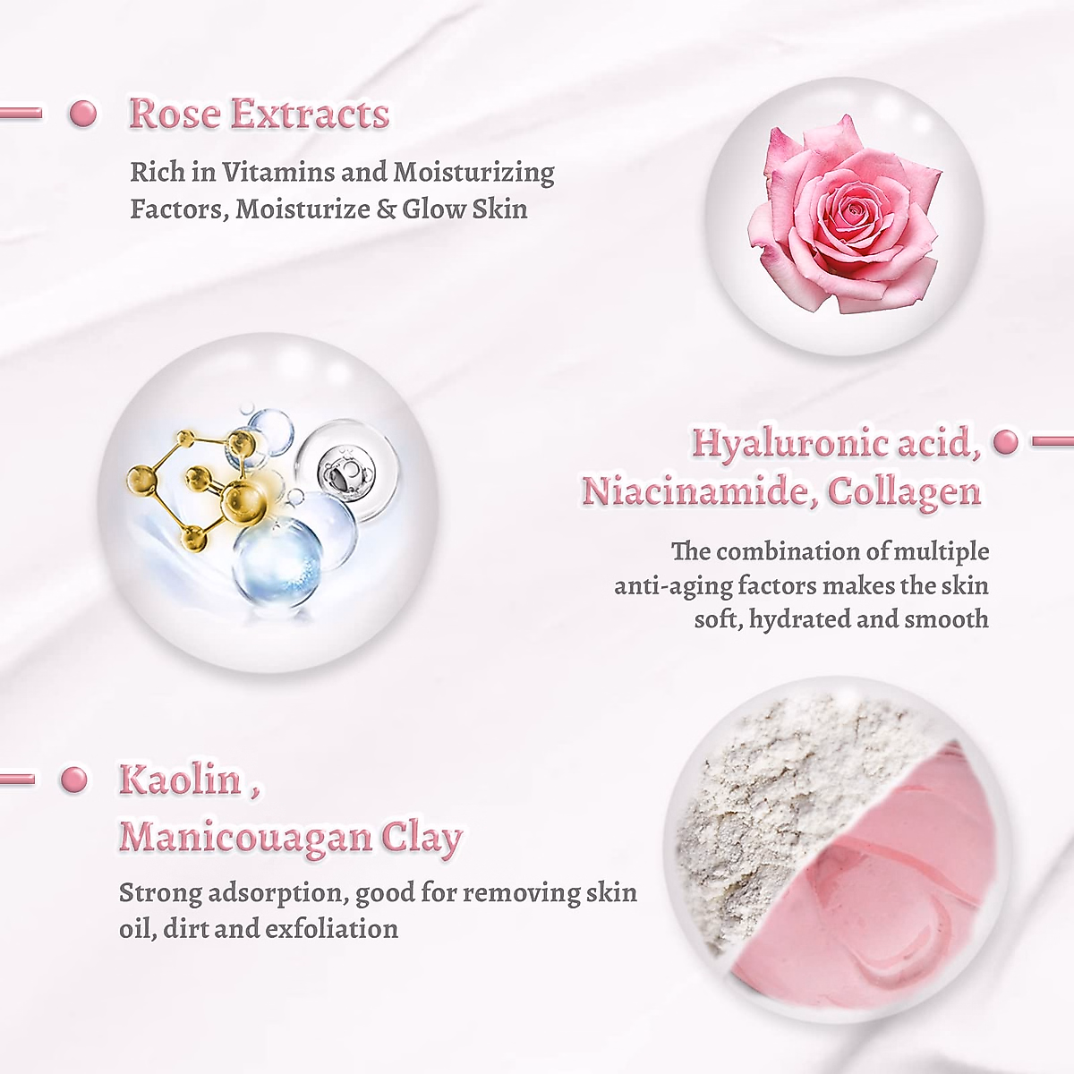 ANAI RUI Rose Clay Facial Mask, with Kaolin Pink Clay, Niacinamide, Collagen, Hyaluronic Acid Moisturizing. Pores Minimizers, Blackhead Remover, 4.23 Oz