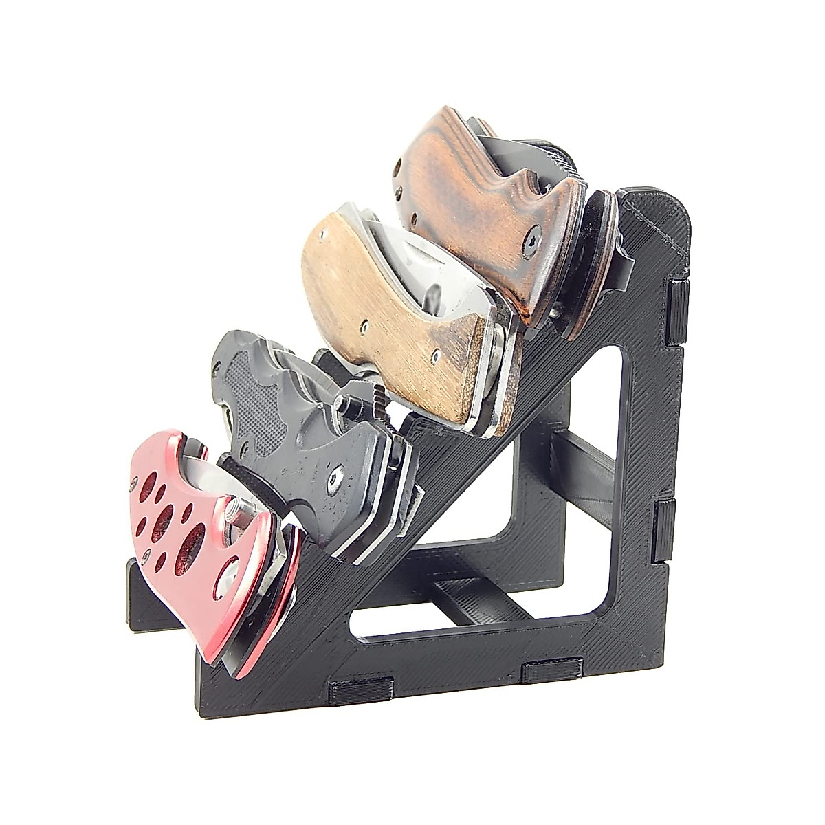 Black Knife Display Stand Rack Holder Organizer For 4 Pocket Knives - Holds Four Folded Blades - Sits On Flat Surface