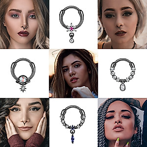 JOERICA 6 Pcs 16G Dangle Septum Rings for Women Blue Planet Moon Star Flower CZ Opal Dangle Septum Nose Rings Cartilage Helix Daith Earrings Dangling Septum Piercing Jewelry