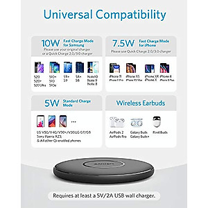 Anker 10W Max, 313 Wireless Charger (Pad), Qi-Certified Wireless Charging for iPhone 14/14 Pro/14 Plus/14 Pro Max, Fast Charging Galaxy S20 S10 S9 S8, Note10 (No AC Adapter)