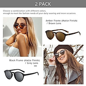 SUNGAIT Classic Vintage Round Polarized Sunglasses for Women Men Retro Style UV400 (Amber Frame Brown Lens+Black Frame Grey Lens) SGT166HPC-SHH