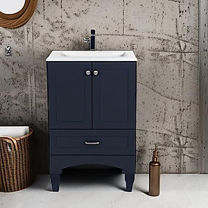 Spring Mill Cabinets Emlyn 24 Inch Bathroom Vanity with White Single Sink Top, 2-Door Cabinet, 1 Drawer, 24.5" W x 18.75" D x 32.89" H, Deep Blue