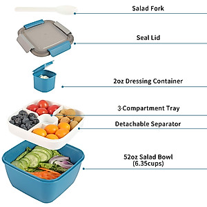 shopwithgreen 52 OZ to Go Salad Container Lunch Container, BPA-Free, 3-Compartment for Salad Toppings and Snacks, Salad Bowl with Dressing Container, Built-in Reusable spoon, Microwave Safe