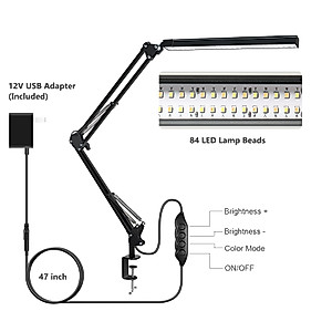 ODOM Desk Lamp, Swing Arm Desk Lamps with Clamp, 10 Brightness for Desk Light, Eye-Caring Desk Lamps for Home Office, Upgraded 12V Adapter with Memory Function
