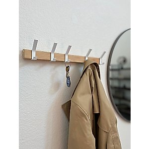 Generic Moderm Wall-Mounted Coat Hook Rail with 5 Double Hooks, 15-Inch Aluminum and Metal for Coats, Hats, Towels, and Robes (White). Natural Wood (Lacquer Coating); Hook: Aluminum (x 5)