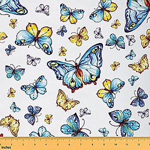 Watercolor Butterfly Fabric by The Yard, Colorful Butterflies Upholstery Fabric, Wild Nature Boho Animals Decor Fabric, Retro Farmhouse Indoor Outdoor Fabric Craft Patchwork, Blue Yellow, 5 Yards