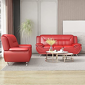 Container Furniture Direct Michael Modern Faux Leather Upholstered Stainless Steel Legs Living Room, Sofa, Persian Red