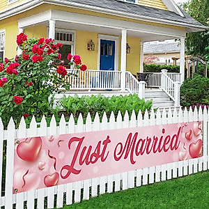 Just Married Large Banner, Wedding, Bridal Shower Porch Sign Lawn Sign, Rustic Wedding Reception Decorations, Indoor Outdoor Backdrop 8.9 x 1.6 Feet
